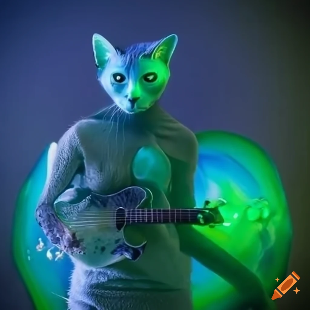 Illustration of a blue and green slime humanoid playing guitar on Craiyon
