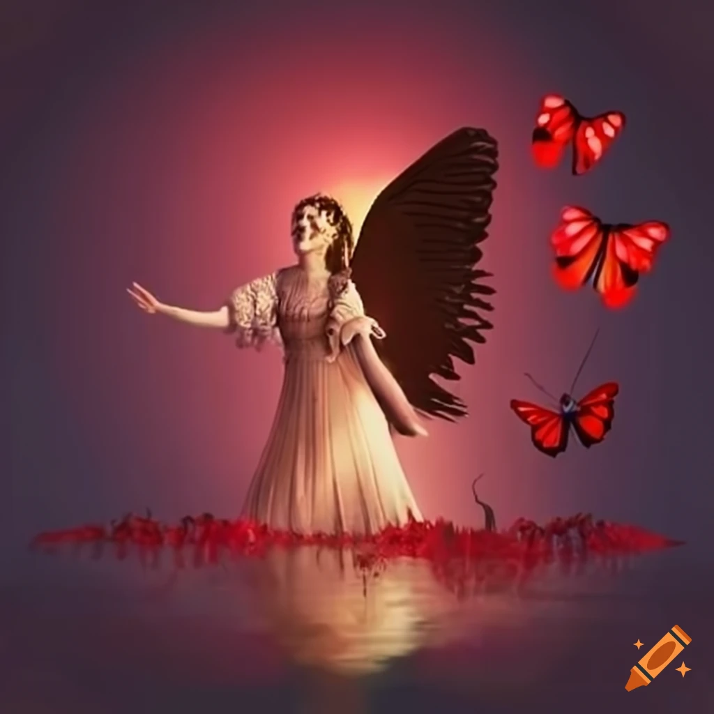 Biblical angel with red butterflies on Craiyon