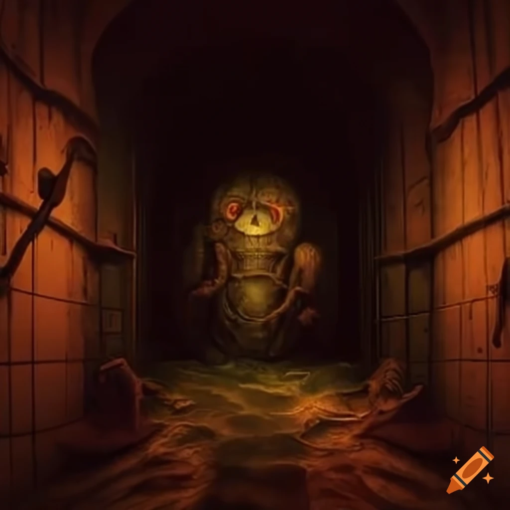 Concept art of a prison cell with monsters