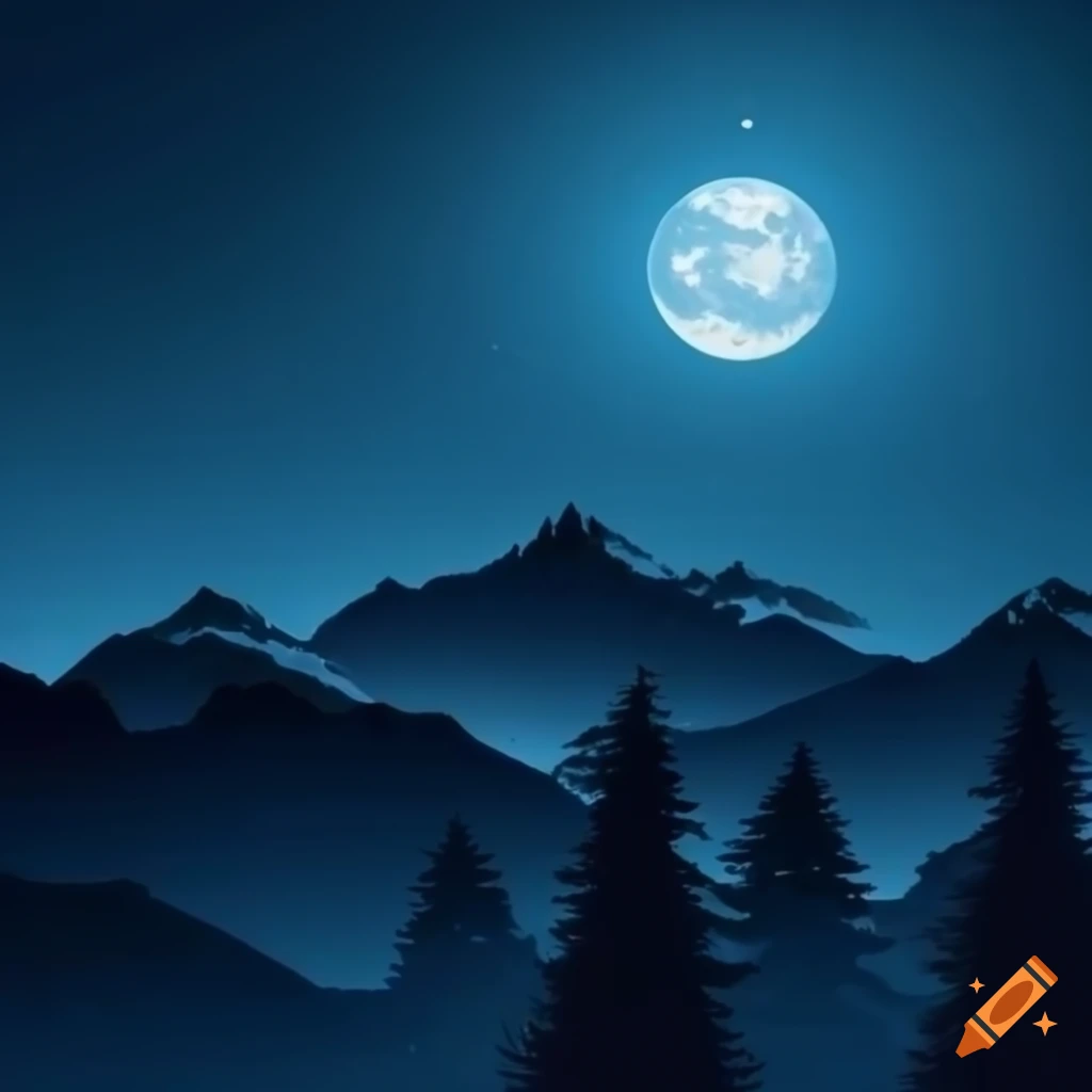 Nighttime mountain landscape with snowy peaks