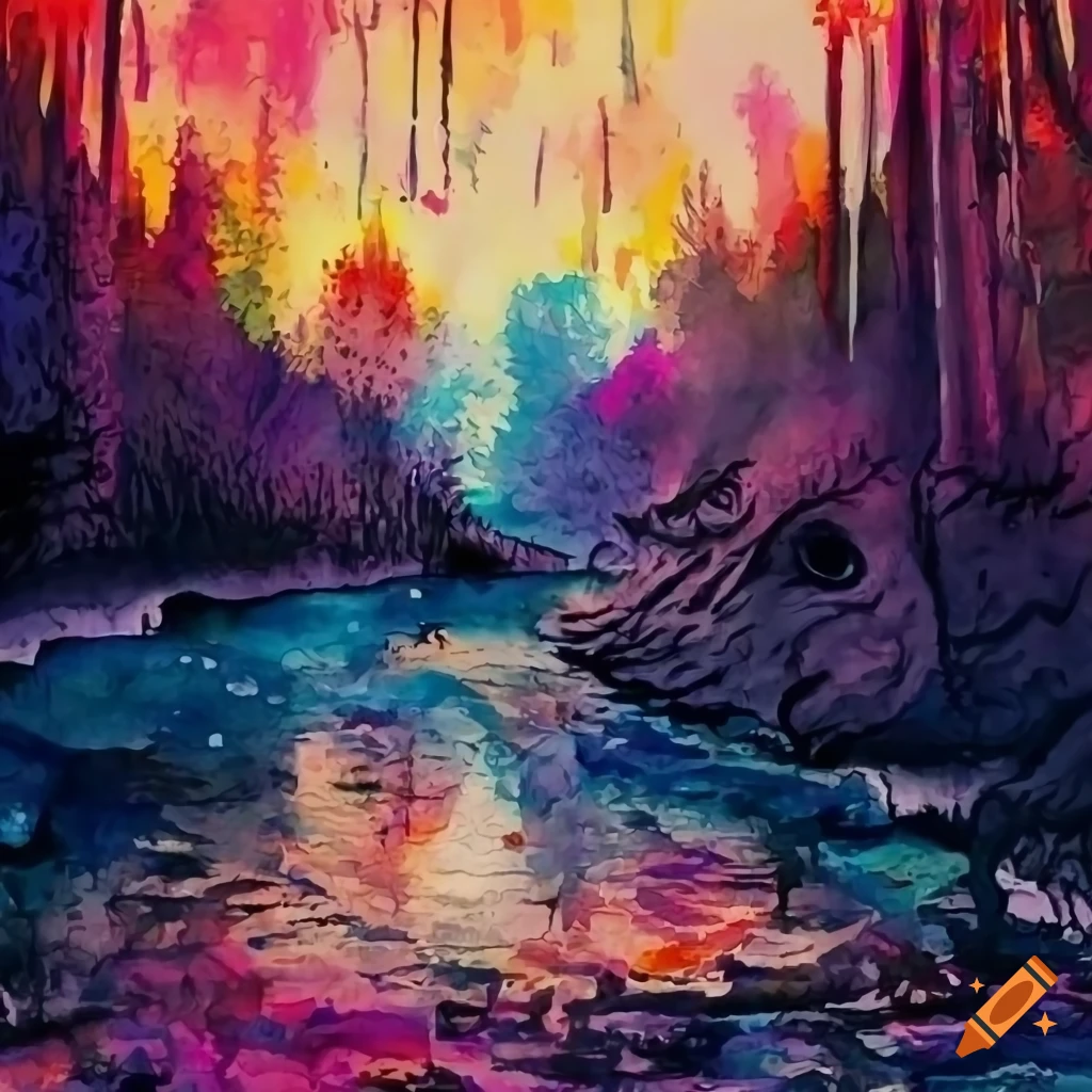 Dramatic ink drawing of a mountain with a deer head on Craiyon