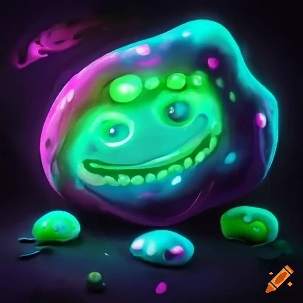 Green slime monster with glowing red core in a fantasy setting on Craiyon
