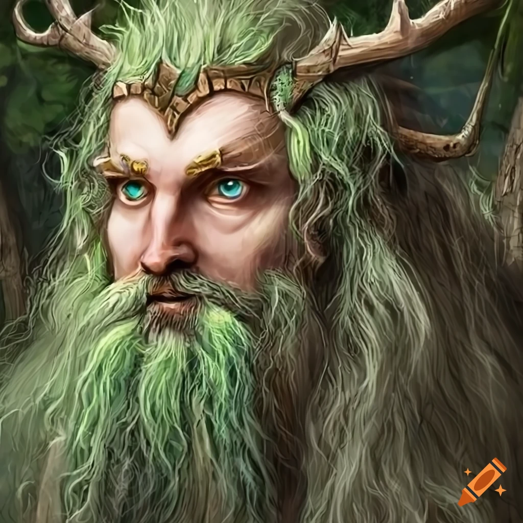 Illustration of a bearded woodelf druid