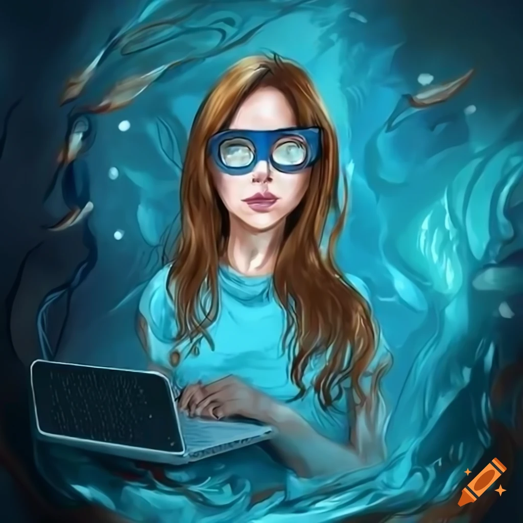 Illustration of a woman surrounded by a swirl of tuna underwater on Craiyon