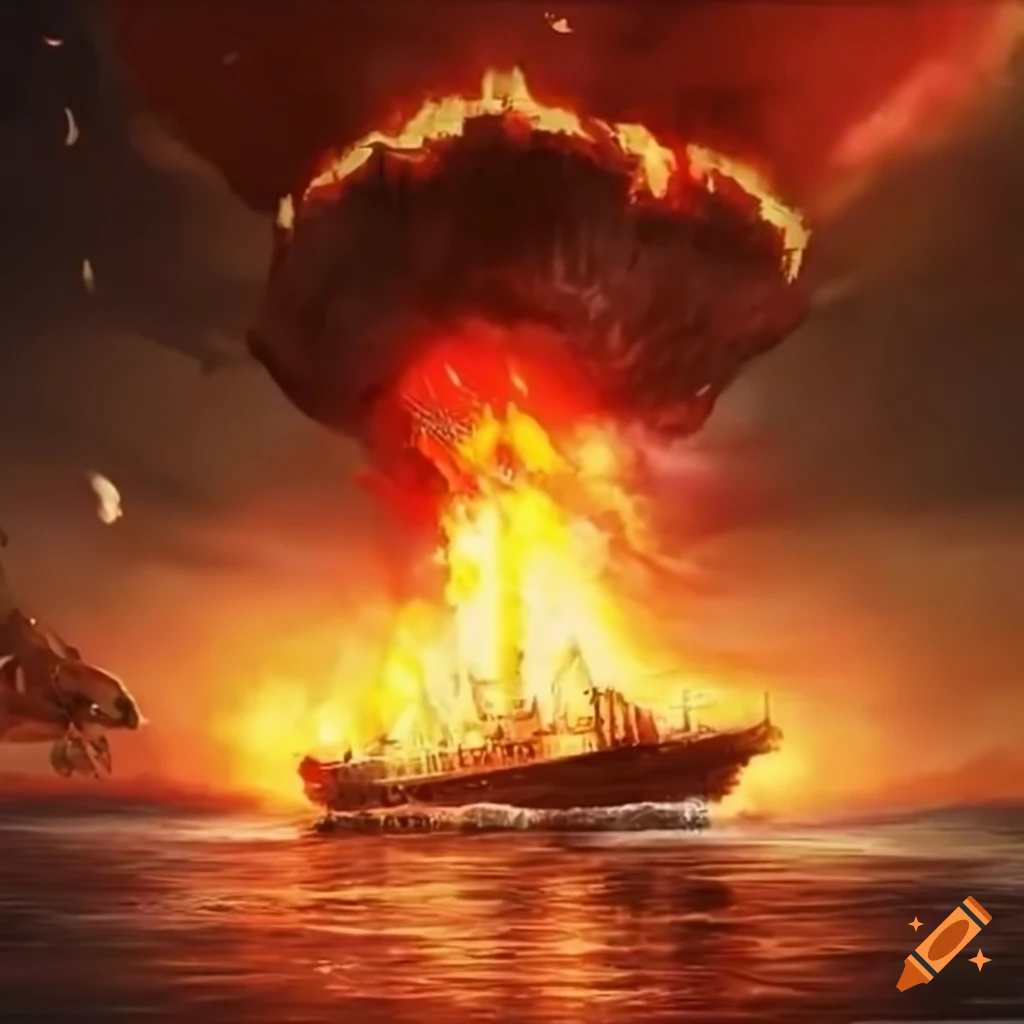 Image of a frigate under attack with a massive explosion on Craiyon