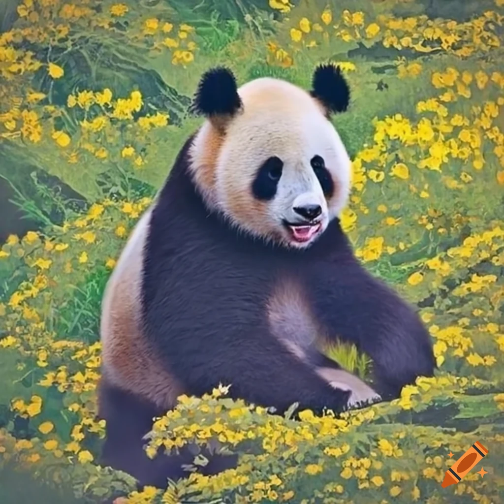 Panda bear on a hillside with yellow flowers on Craiyon