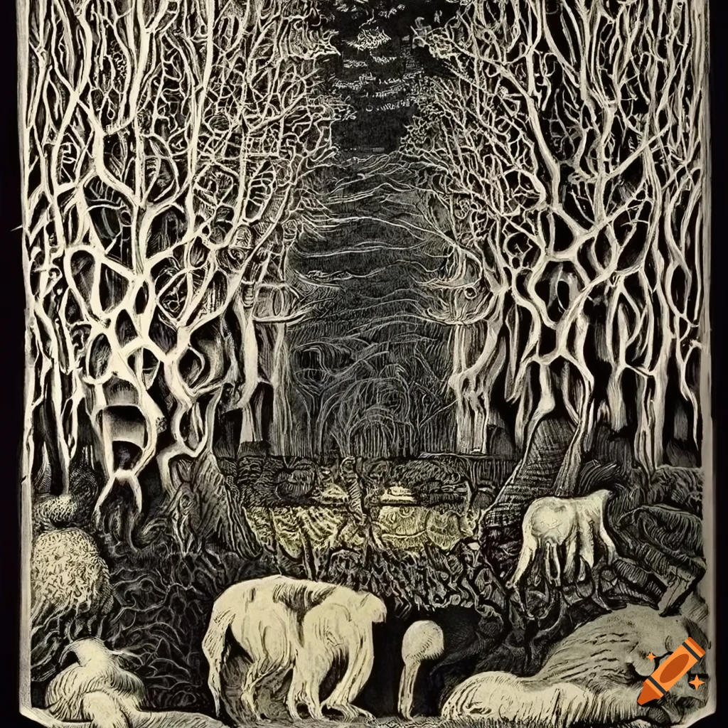 Woodcut print of animals and masks in a garden on Craiyon