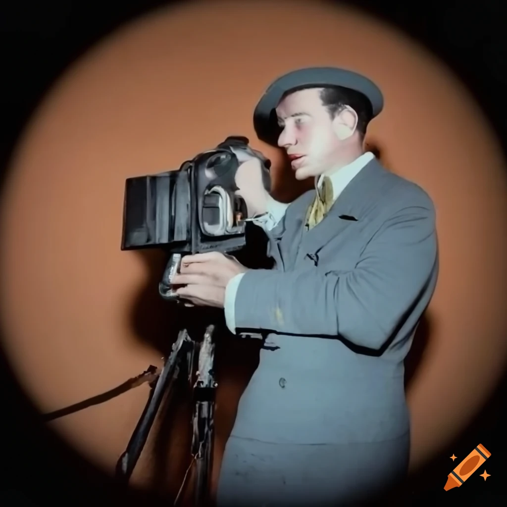 Realistic photo of a man holding a vintage camera