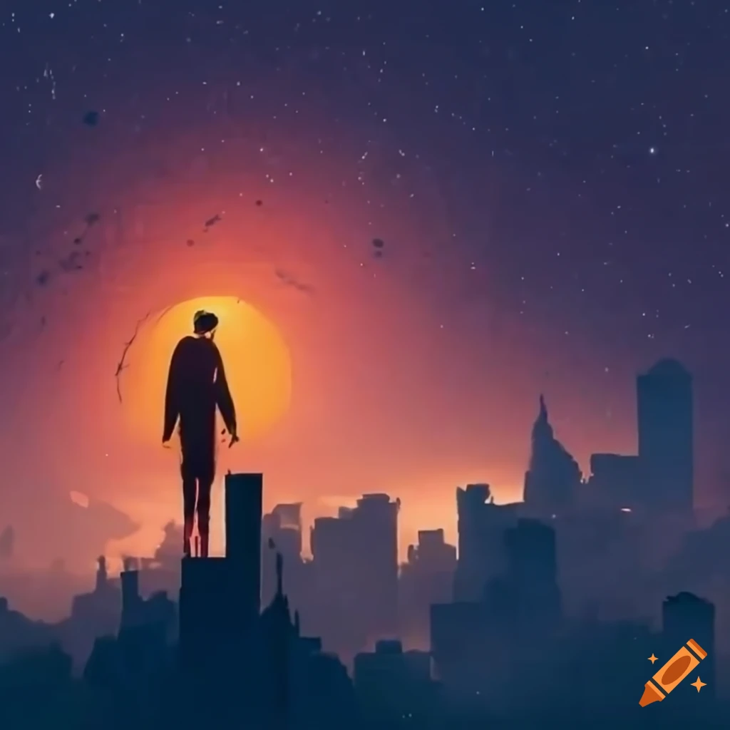 Apocalyptic scene with burning buildings and a lone person on Craiyon