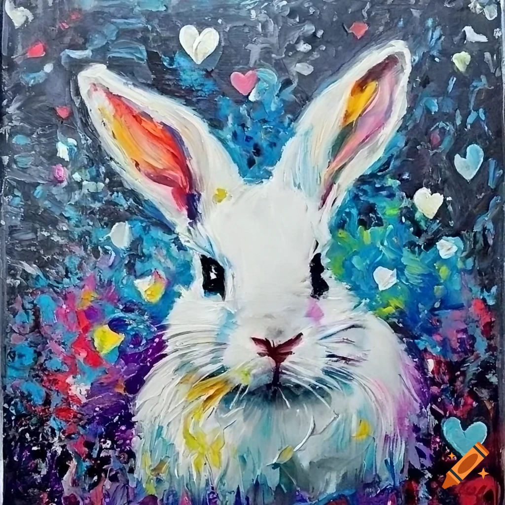 Oil paint artwork of a cute bunny with hearts on Craiyon