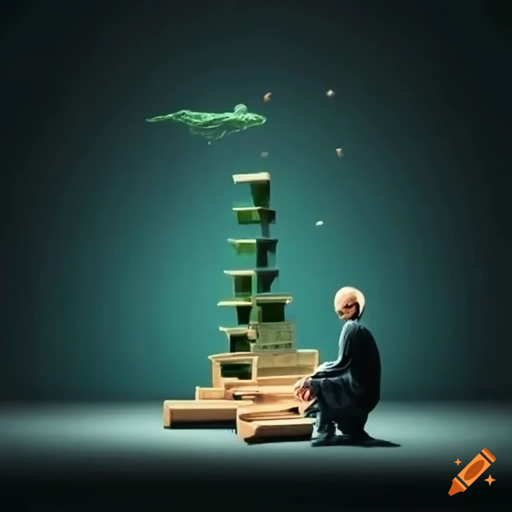 Man building a balance scale with building and nature on Craiyon