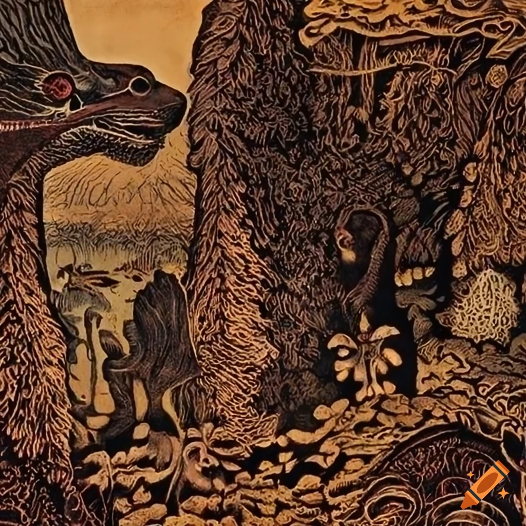 Woodcut print of animals and masks in a garden on Craiyon