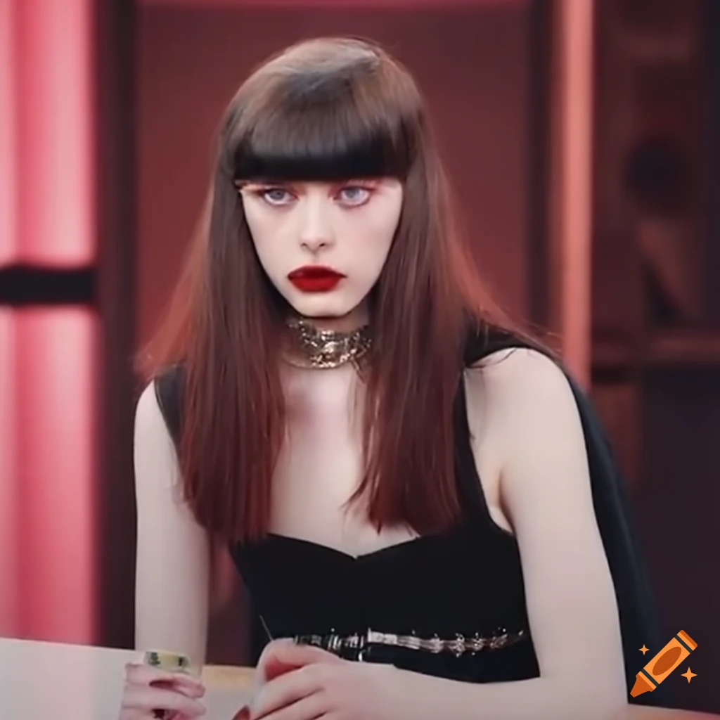 Mia Goth getting her bangs trimmed on a talk show on Craiyon