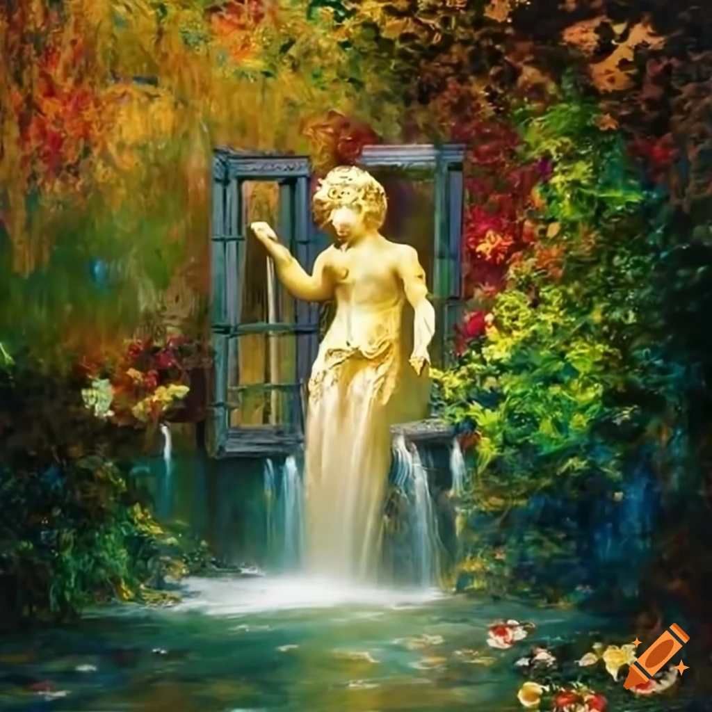Monet-inspired painting of a victorian garden with gold angel statues ...