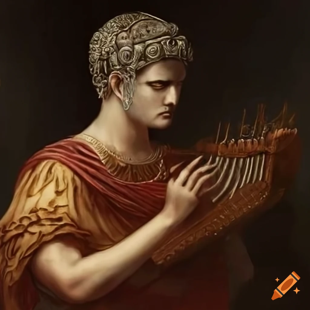 Artwork of emperor nero playing the lyre surrounded by flames