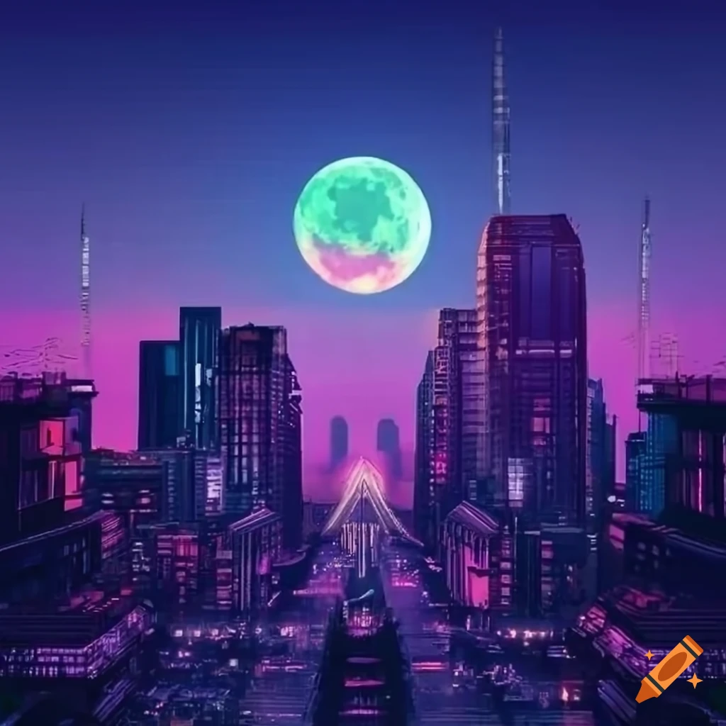 Cyberpunk cityscape with skyways and full moon on Craiyon