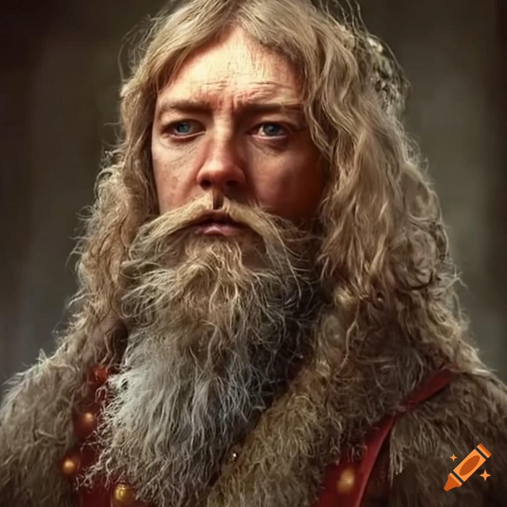 Portrait of Angus Young with a grey beard in Arthurian style on Craiyon