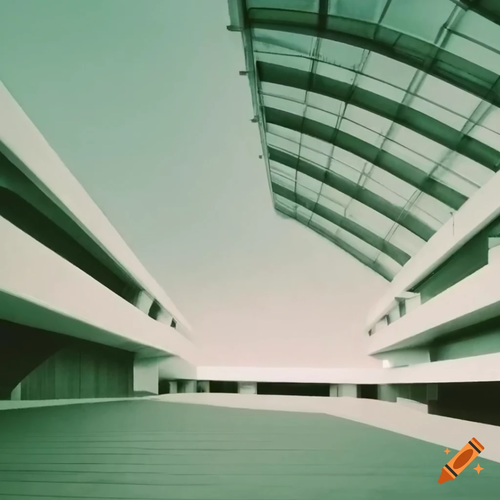 Dreamy polaroid photo of an empty modernist mall at sunset on Craiyon