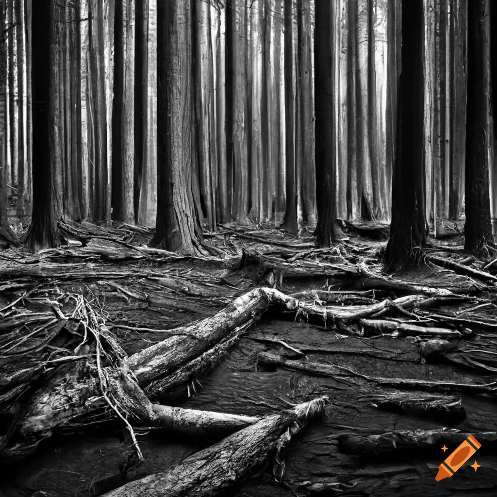 Monochrome image depicting deforestation in a forest on Craiyon