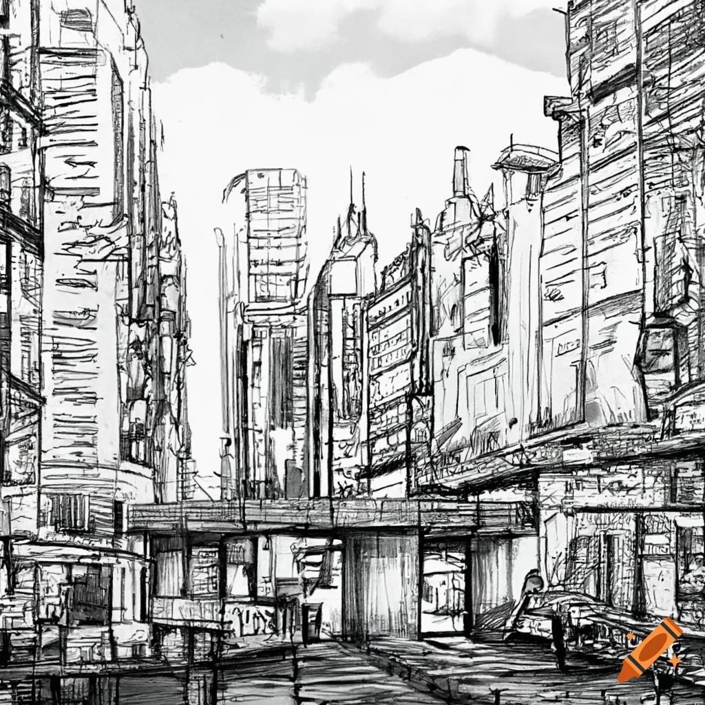 Detailed sketch of a vibrant city on Craiyon