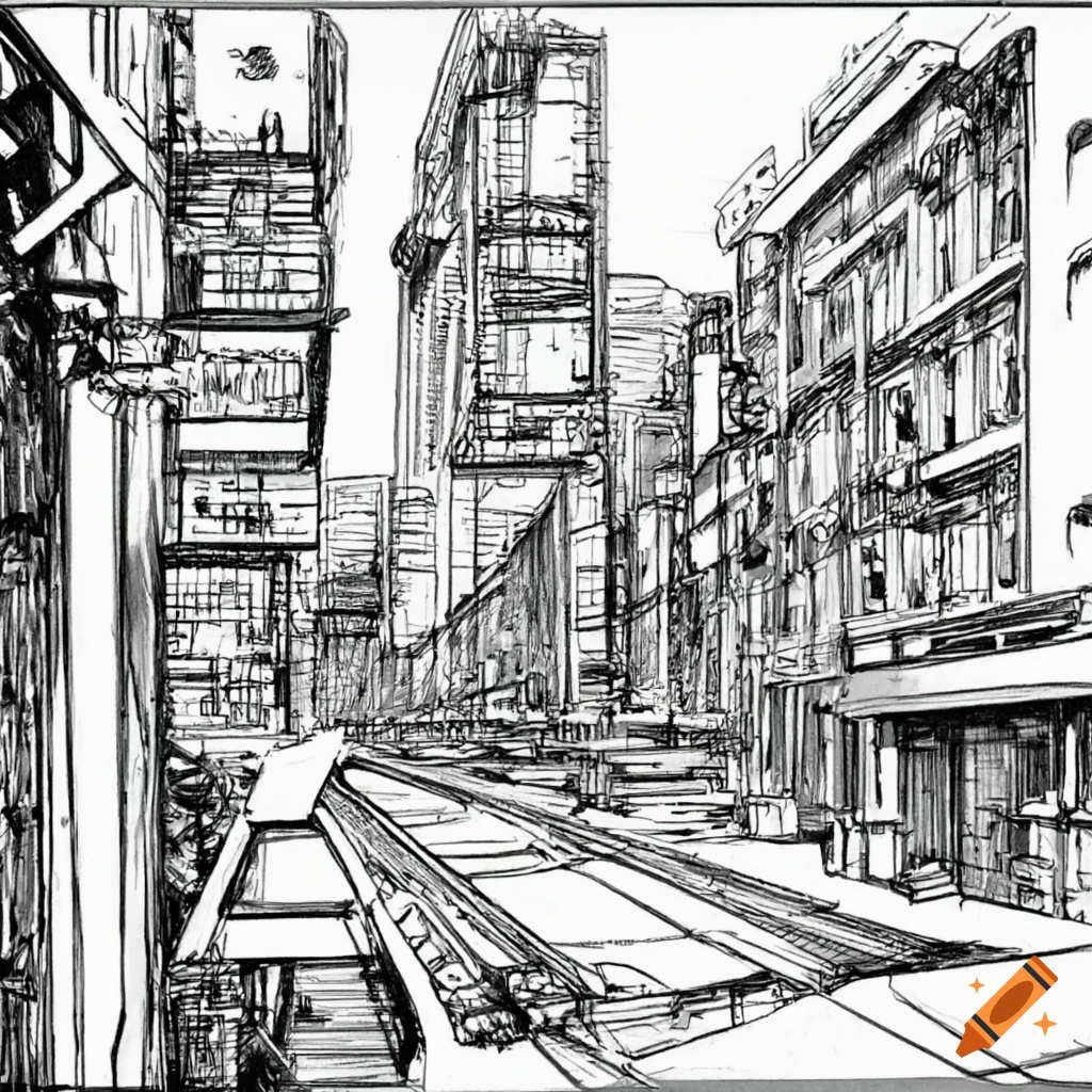 Detailed sketch of a cityscape on Craiyon