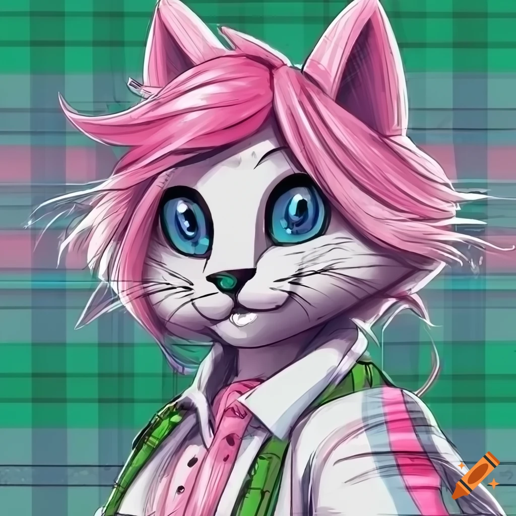 Pink anthro cat wearing a white shirt and green tartan jacket