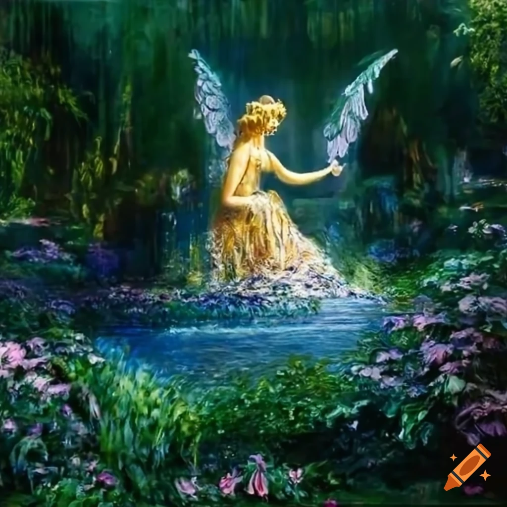 Painting of a Victorian garden with angel statues and a pond on Craiyon