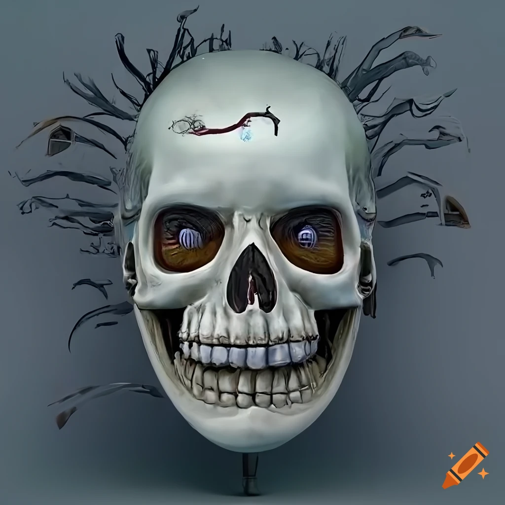 Digital art of a skull made of technology on Craiyon