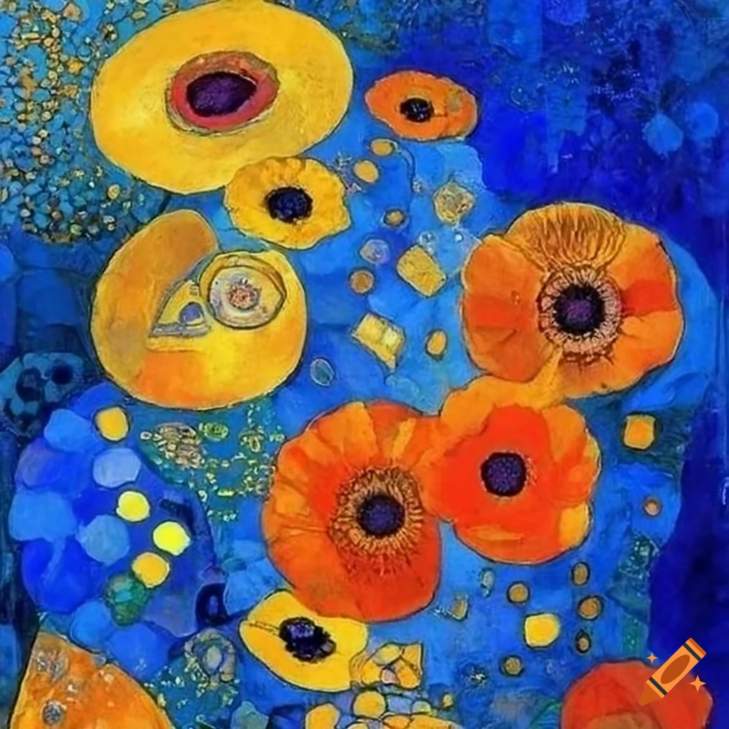 Abstract painting with squares in shades of blue, yellow, and orange