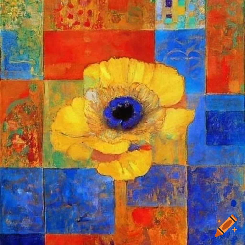 Abstract blue squares with poppies in graphic form