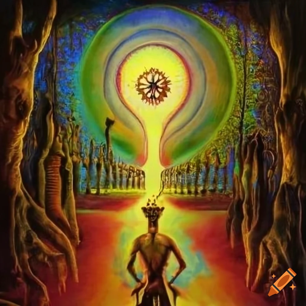 Illustrative art of people walking in a sacred path surrounded by ...