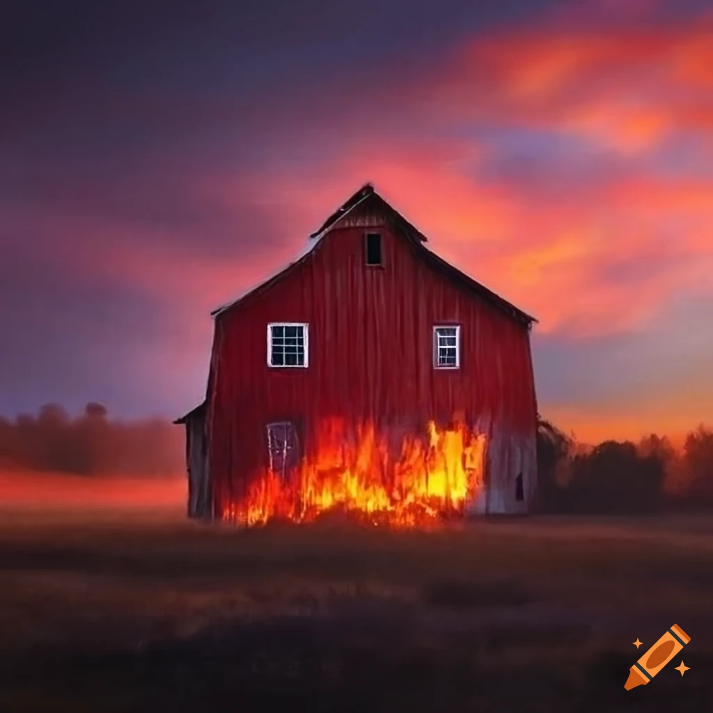Painting of a burning barn at sundown in 1776 on Craiyon
