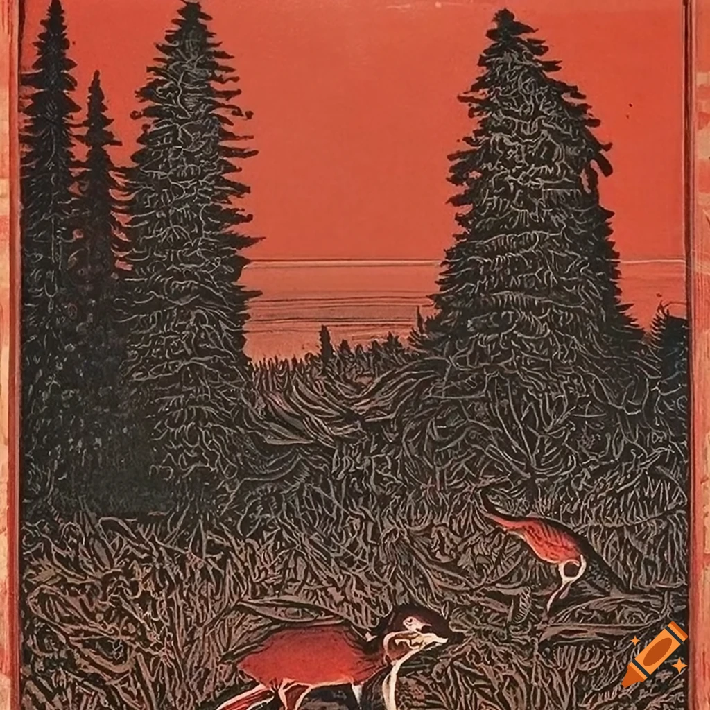 Woodcut linoleum print of a jungle landscape with fantasy creatures on ...