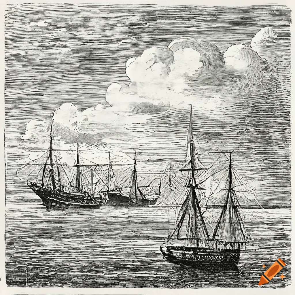 19th century engraving of harbor with ships on Craiyon