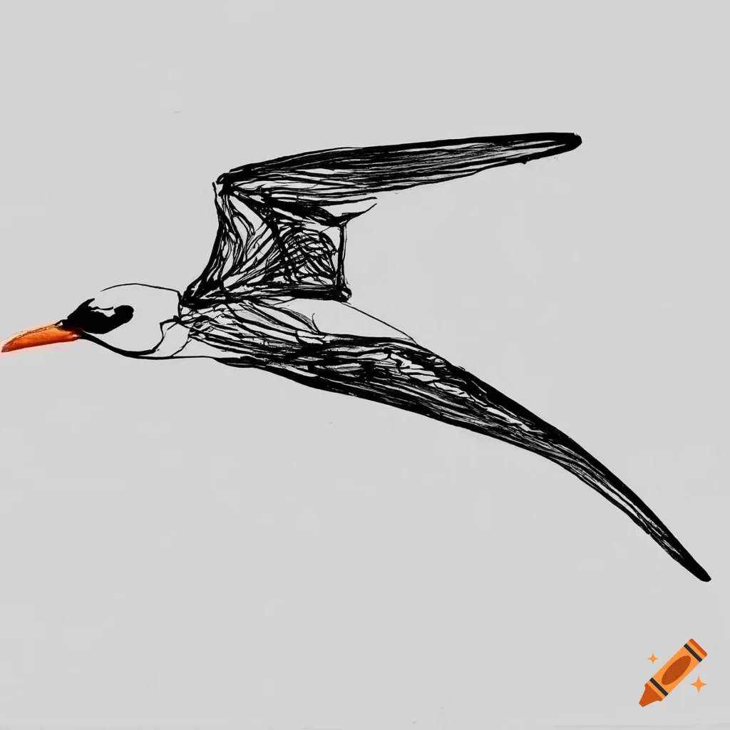 Black and white drawing of a budgie flying on Craiyon
