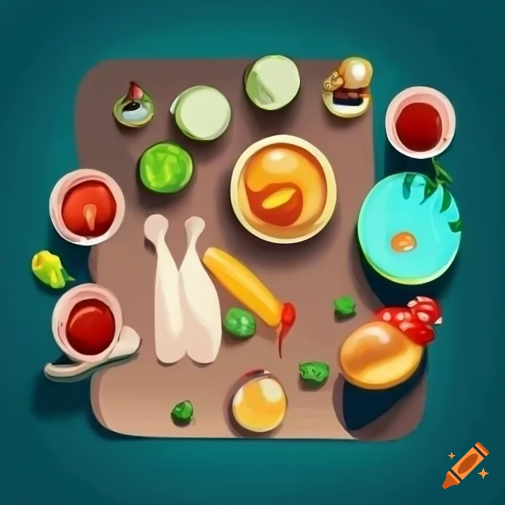 Top view of a cartoon kitchen with cooking ingredients on Craiyon