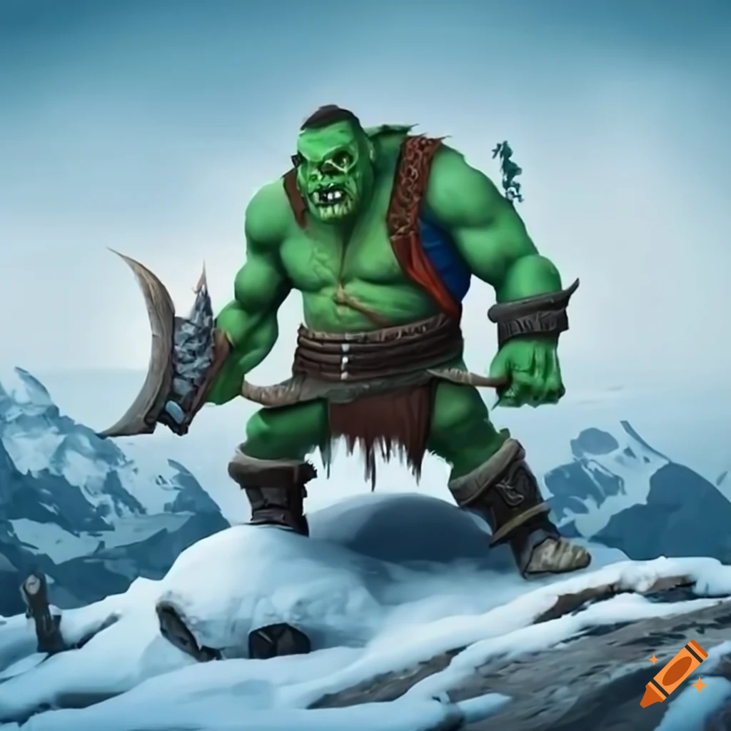 Illustration of an orc climbing a snow-covered mountain on Craiyon