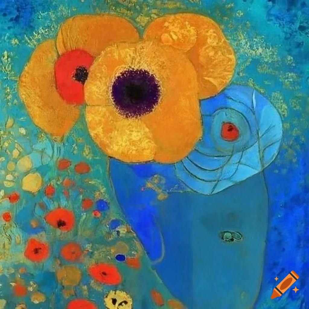 Abstract art with squares in blue and poppies on Craiyon