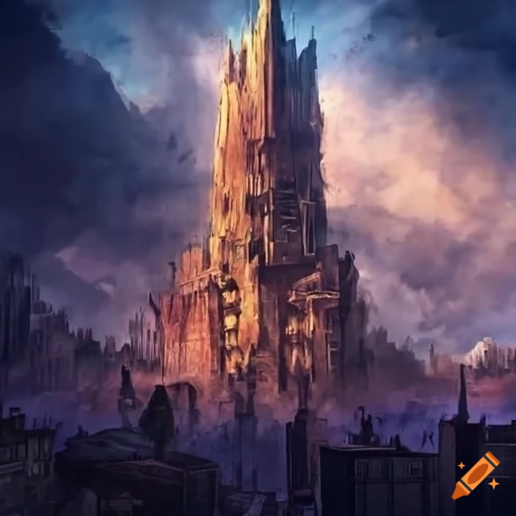 Cityscape with a grand damaged tower at its center on Craiyon