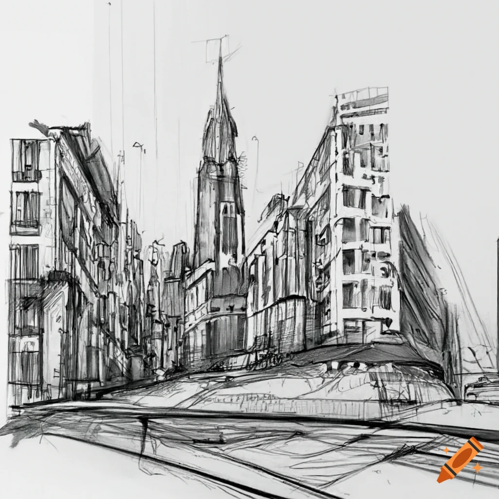 Pencil sketch of a city on Craiyon