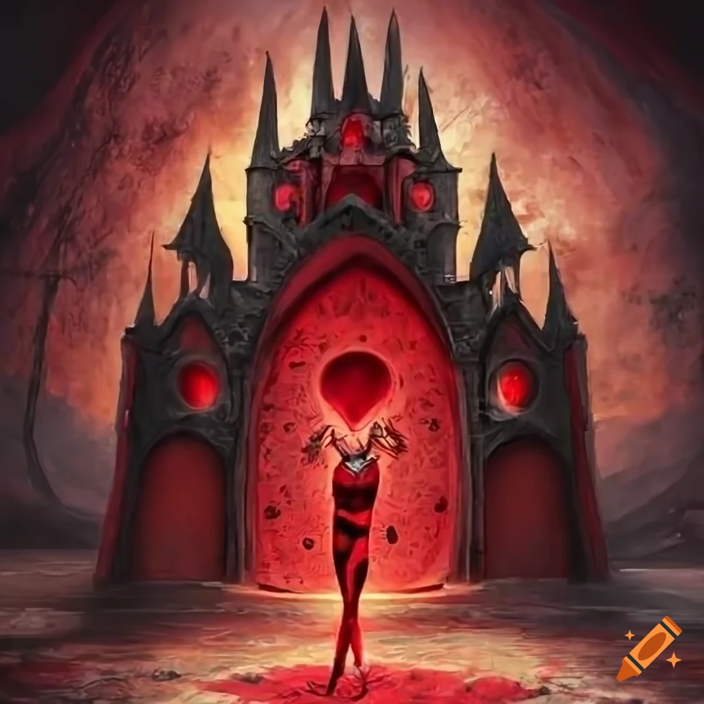Surreal fantasy castle with red hearts and a fire eater on Craiyon