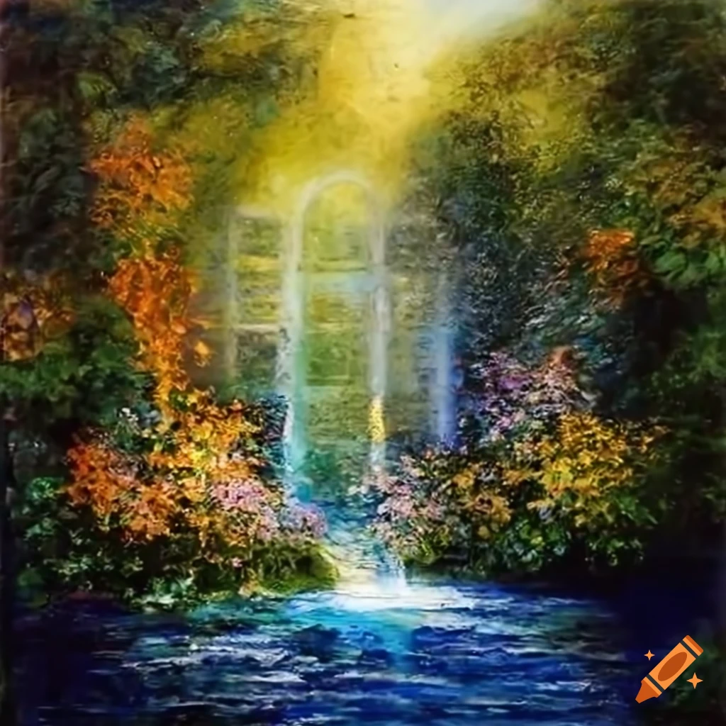 Monet-inspired garden with golden angel statues and a waterfall on Craiyon