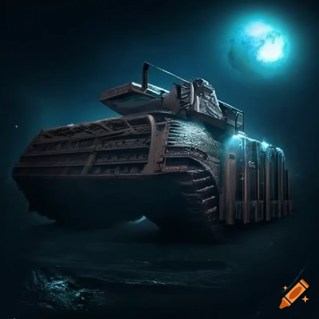 Image of a tracked vehicle exploring an alien world on Craiyon