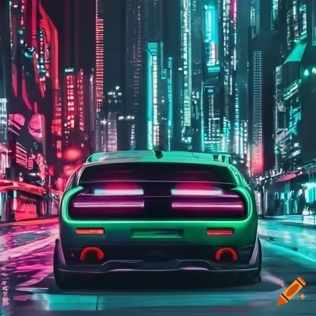 Zoomed out image of a green dodge demon speeding through a neon-lit ...