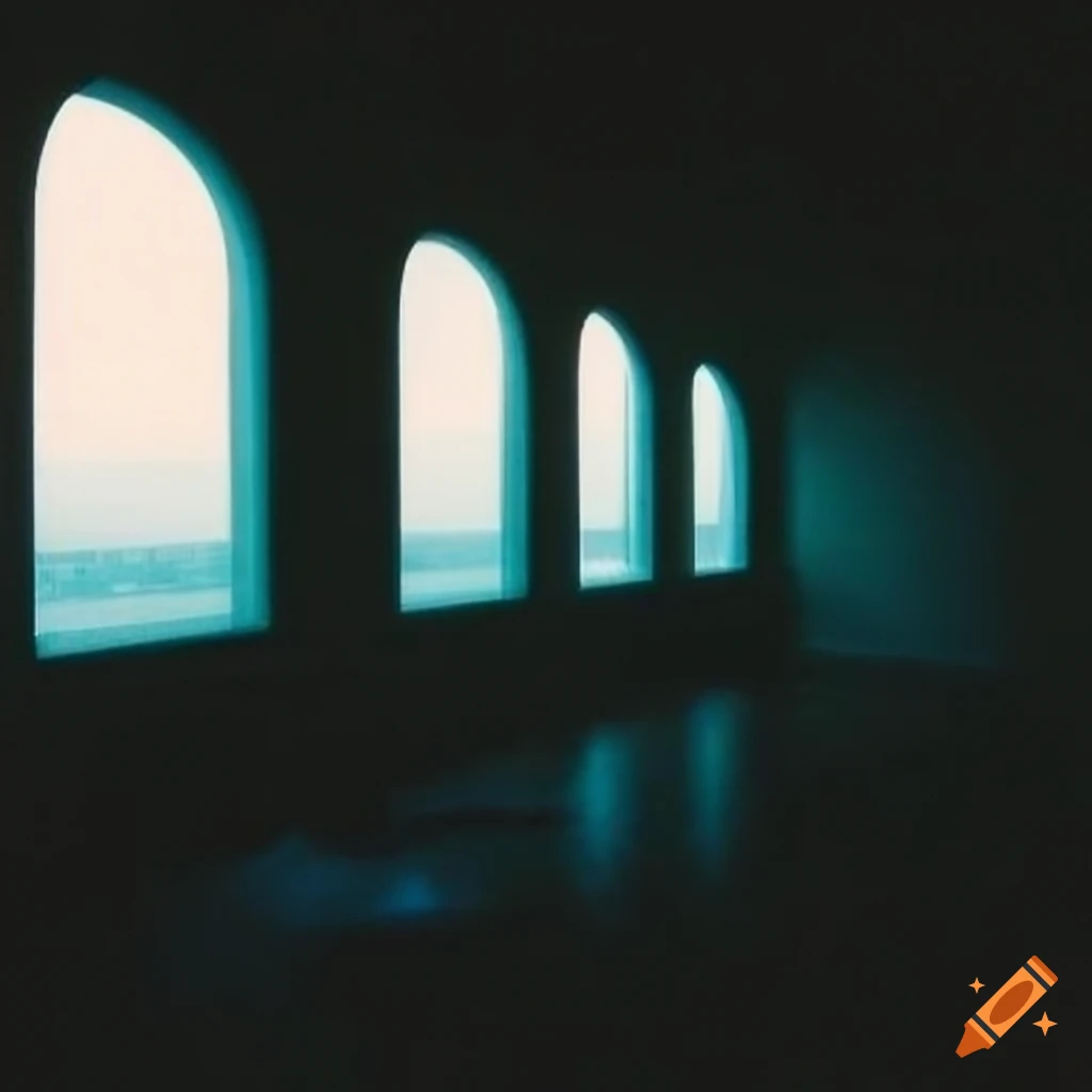 View of the ocean through an arched window at night from a rocky house ...