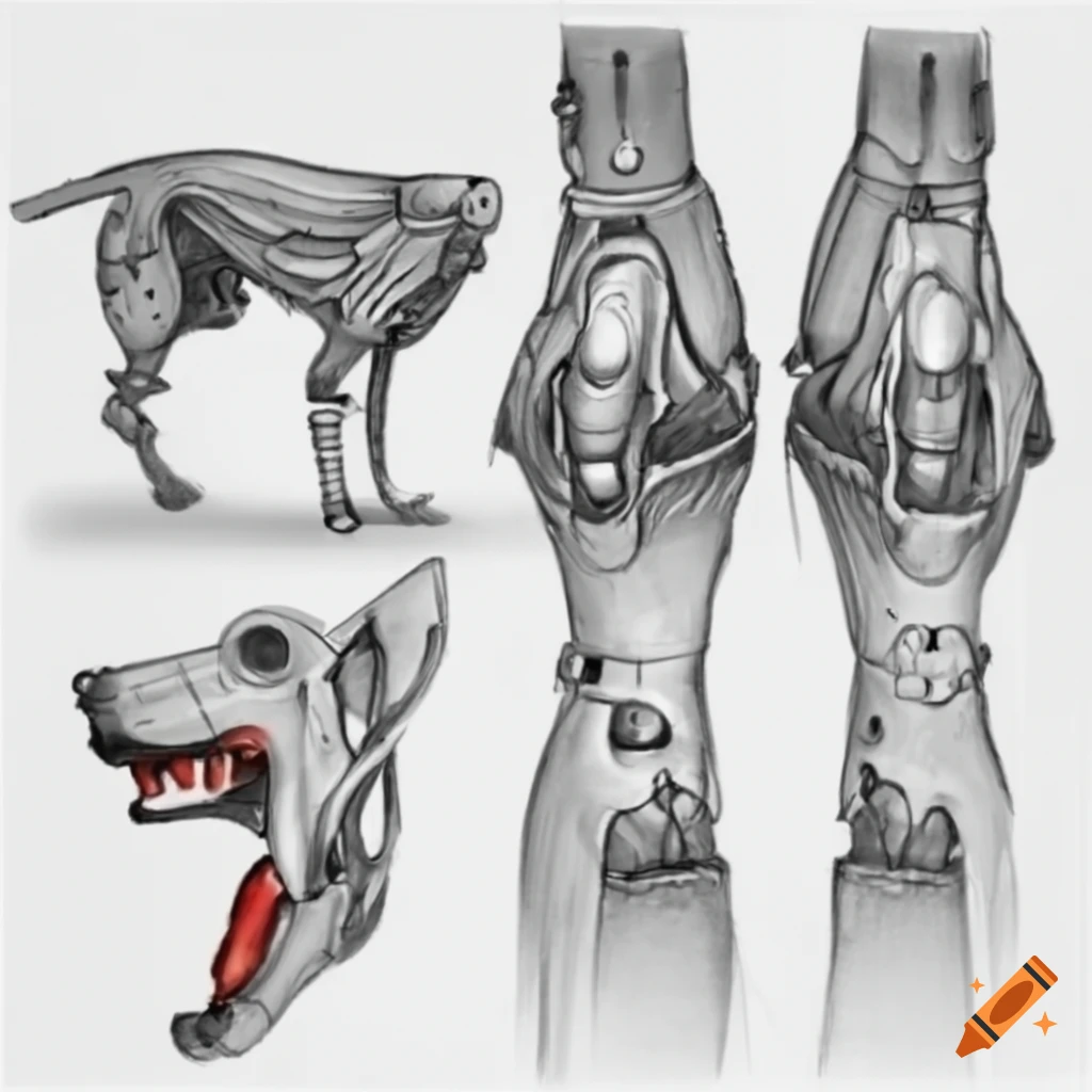 Drawings of canine anatomy and robotic prostheses on Craiyon