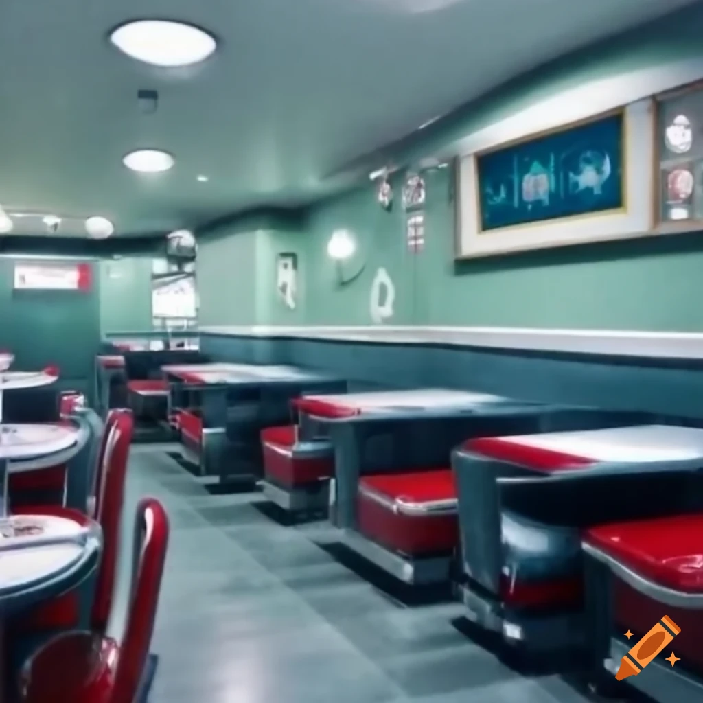 Nighttime photograph of a mysterious diner interior on Craiyon