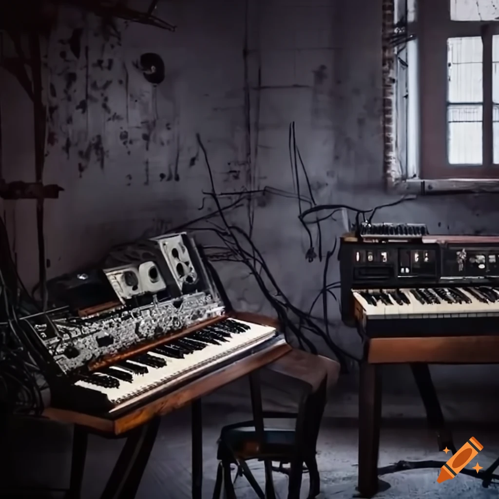 Image of a spooky factory with people playing synthesizers on Craiyon