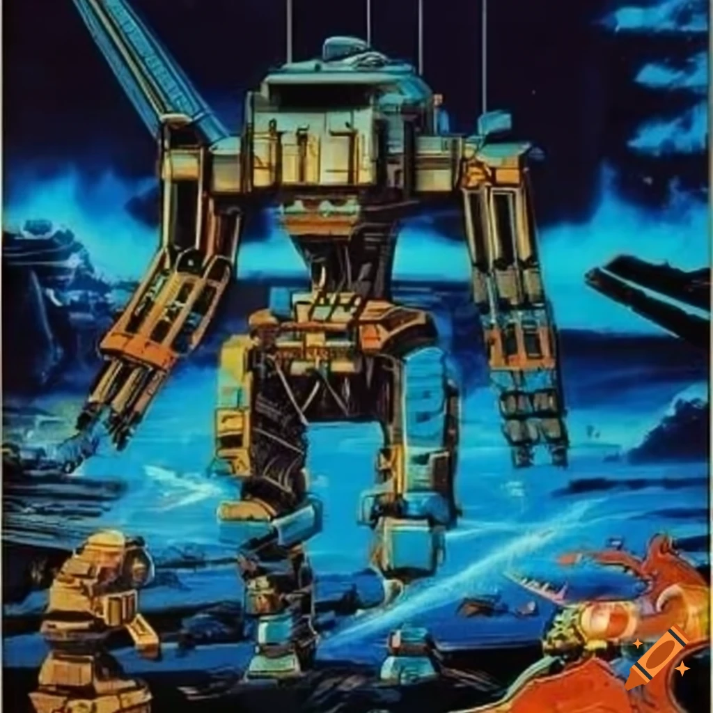 70s sci-fi mecha attack artwork on Craiyon