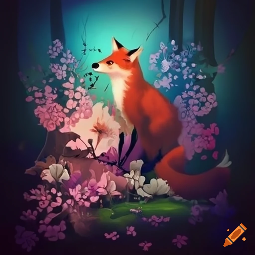 Fox And Trees In A Fantasy Flower Garden On Craiyon